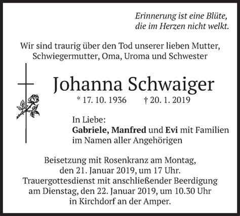 Traueranzeigen Von Johanna Schwaiger Trauer Merkur De