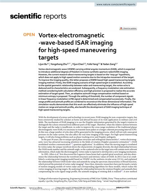 PDF Vortex Electromagnetic Wave Based ISAR Imaging For High Speed