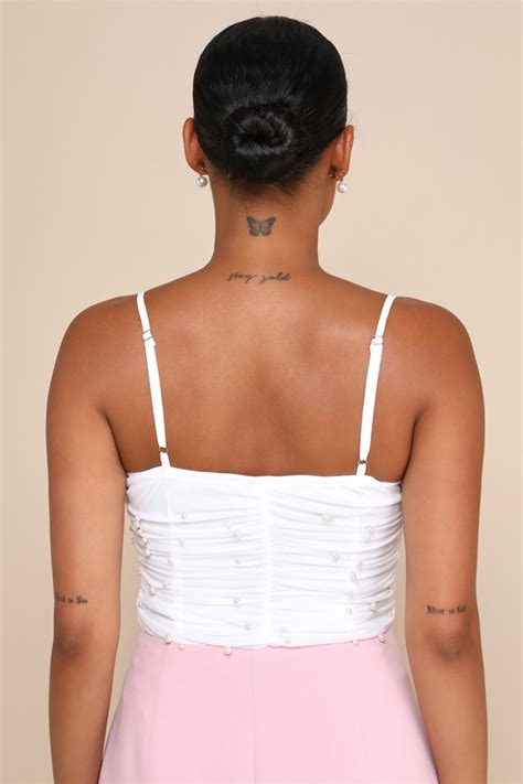 Ivory Pearl Mesh Top Ruched Top Sleeveless Pearl Bodysuit Lulus