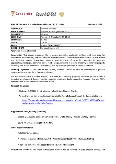 Course Outline FINA 210 CA 2023 FINA 210 Introduction To Real Estate