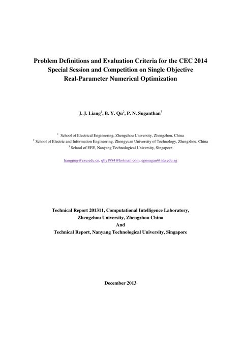 Pdf Problem Definitions And Evaluation Criteria For The Cec 2014 Special Session And