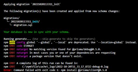 command failed with exit code 1 npm install prisma client 4 5 0