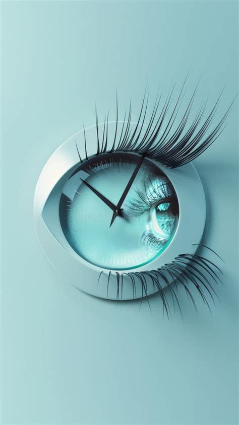 Close Up View Of Female Eye With Clock On Light Blue Background Time