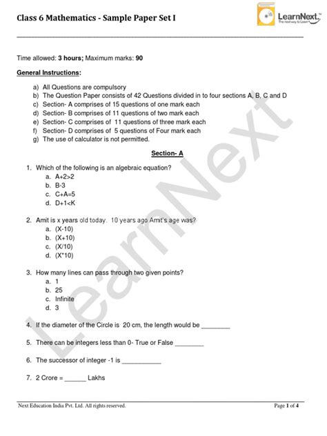 Class 6 Maths Set I Sample Papers Pdf Numbers Abstract Algebra