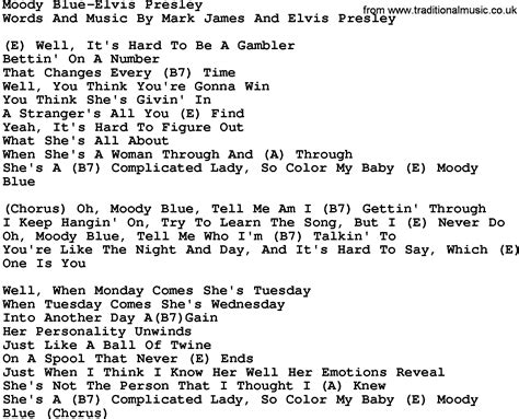Country Music Moody Blue Elvis Presley Lyrics And Chords
