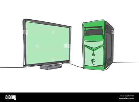 Single Continuous Line Drawing Of Cpu Computer And Screen Monitor For