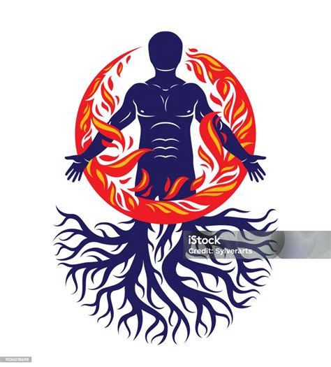 벡터 일러스트 레이 션의 나무 뿌리로 만든 인간과 자연의 조화 화재 남자는 불덩어리로 덮여 가솔린에 대한 스톡 벡터 아트 및 기타 이미지 Istock