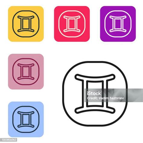 흰색 배경에 격리 된 검은 줄 쌍둥이 조디악 기호 아이콘 점성술별 자리 수집 색상 정사각형 단추로 아이콘을 설정합니다 벡터 0명에 대한 스톡 벡터 아트 및 기타 이미지