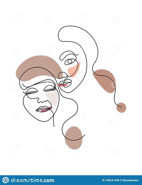 Set Of Abstract Two Women Face One Line Drawing Portrait Minimalistic Style Fine One Line