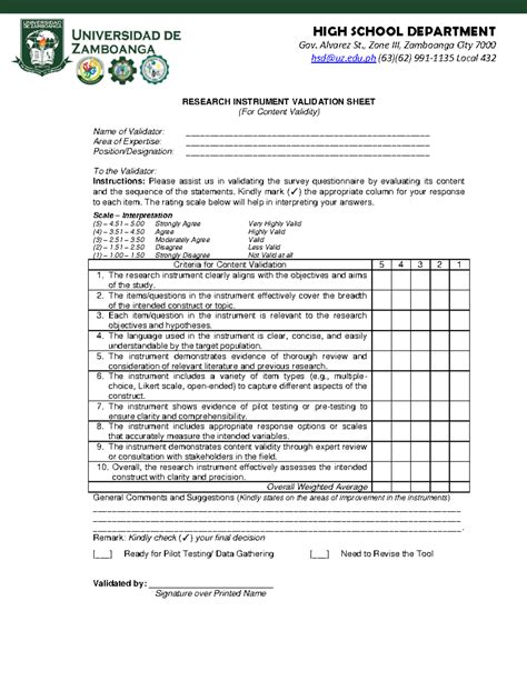 Research Instrument Validation Sheet For Content Validity Analysis