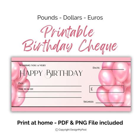 Printable Blank Birthday Cheque With Pink Balloons Gift Cheque