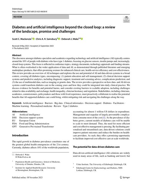Pdf Diabetes And Artificial Intelligence Beyond The Closed Loop A Review Of The Landscape