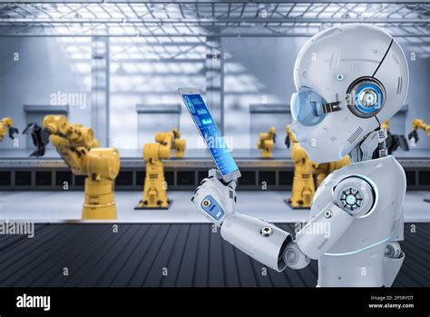 Automation Factory Concept With 3d Rendering Cute Robot With Robot Arm
