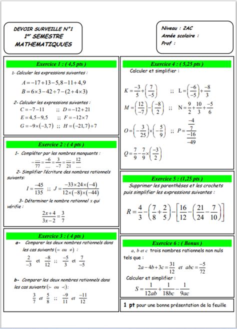 classe de fle 2ème Année du Collège Devoir 1 semestre 1 Maths