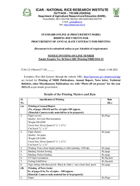 Fillable Online PROCUREMENT OF ANNUAL RATE CONTRACT FOR PRINTING Fax