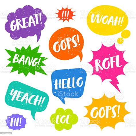 필기 텍스트와 다채로운 그런지 만화 연설 거품 손으로 그린 복고풍 만화 스티커 채팅 메시지 상자 벡터 일러스트레이션 물이 튀는에 대한 스톡 벡터 아트 및 기타 이미지
