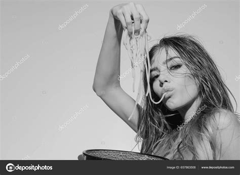 Woman Eating Pasta Young Sexy Woman Sensual Lips Eating Spaghetti Stock
