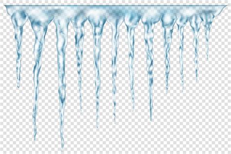 서로 다른 길이의 반투명 연한 파란색 사실적인 고드름 그룹이 맨 위에 연결되어 있습니다 밝은 배경에 사용합니다 벡터 형식의 투명도 프리미엄 벡터