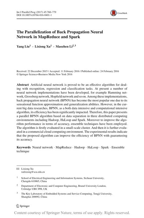 The Parallelization Of Back Propagation Neural Network In Mapreduce And Spark Request Pdf