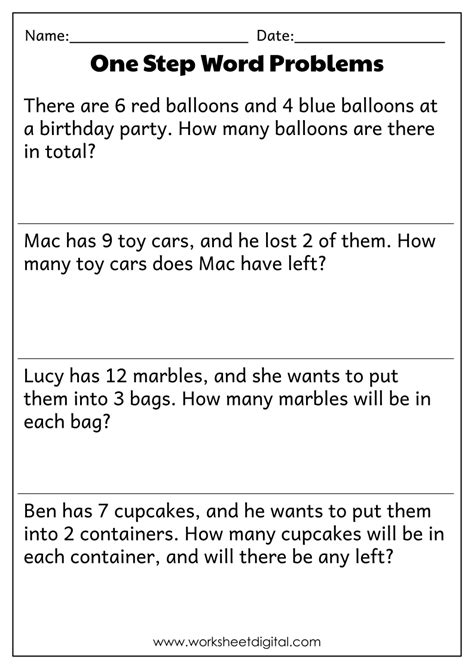 Grade 1 Math Worksheet Digital Word Problems Word Problem