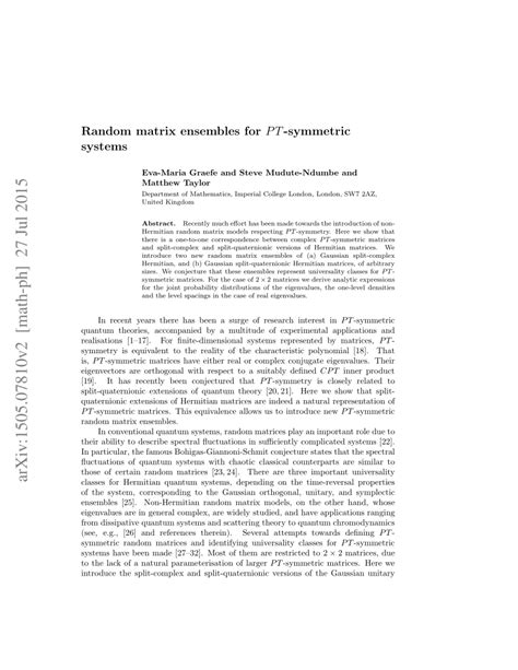 Pdf Random Matrix Ensembles For Pt Symmetric Systems