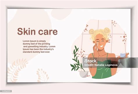 스킨 케어 개념입니다 방문 페이지 템플릿 여자는 얼굴을 위해 화장품 스파 절차를 수행합니다 아침 루틴 유기농 제품 평면 만화 스타일의 벡터 그림입니다 가정 생활에 대한 스톡