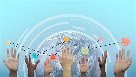 추상 적 배경 기술 연결 및 손을 위로 푸른 에 에코 지구의 날 배너 복사 공간 디지털 배너 웹 사이트 3d 렌더링을위한 디자인 추상적인에 대한 스톡 사진 및 기타 이미지