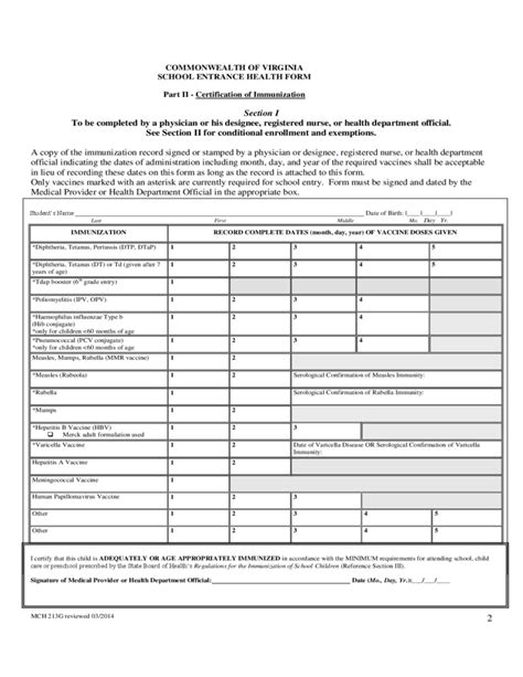 Virginia School Entrance Form Fillable Printable Forms Free Online