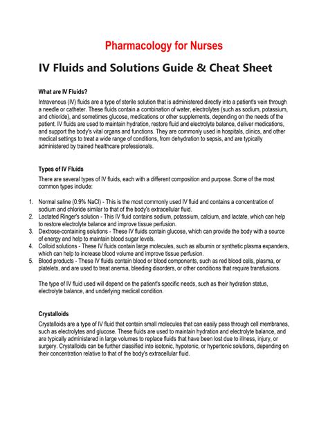 Solution Nursing Pharmacology Iv Fluids And Solutions Guide Cheat
