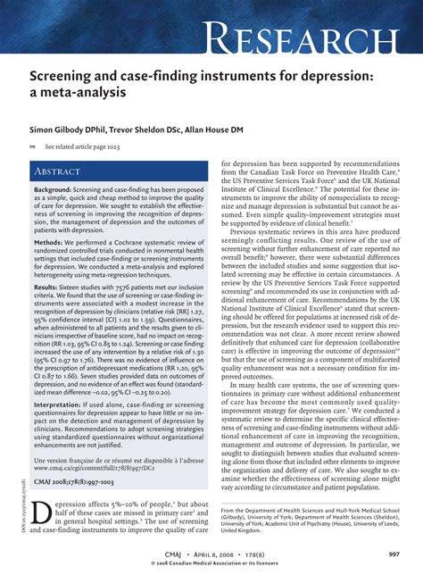 Pdf Screening And Case Finding Instruments For Depression A Meta