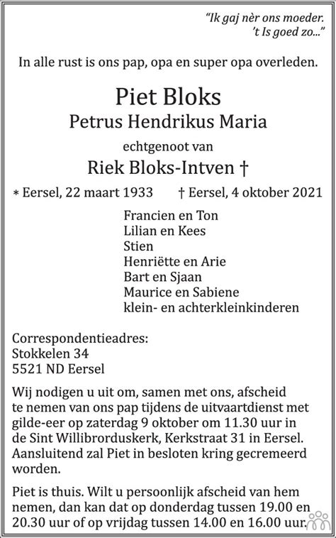 Piet Petrus Hendrikus Maria Bloks Overlijdensbericht En Condoleances Mensenlinq Nl