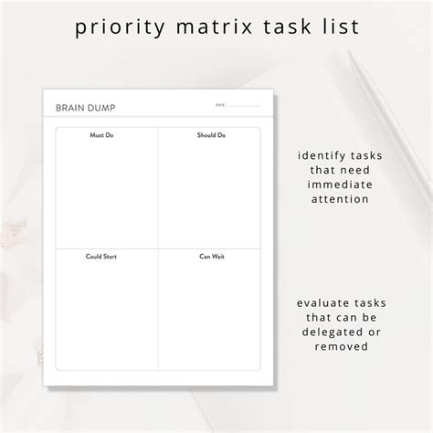 minimalist brain dump pdf template with eisenhower matrix worksheet