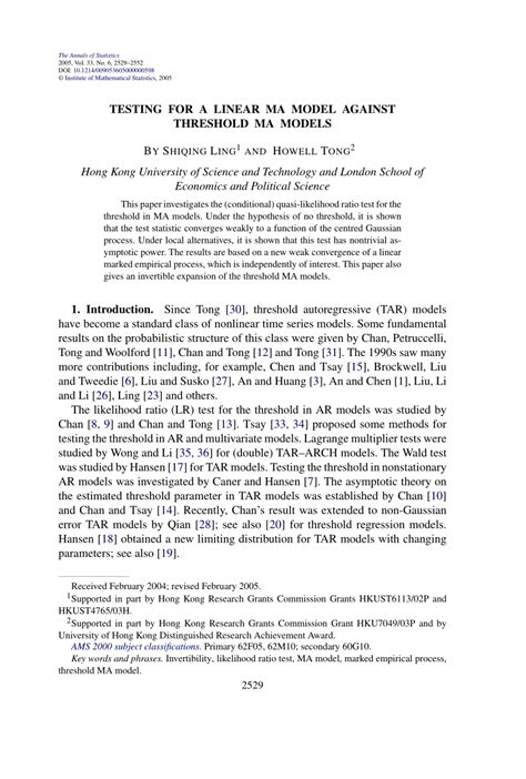 Pdf Testing A Linear Ma Model Against Threshold Ma Models
