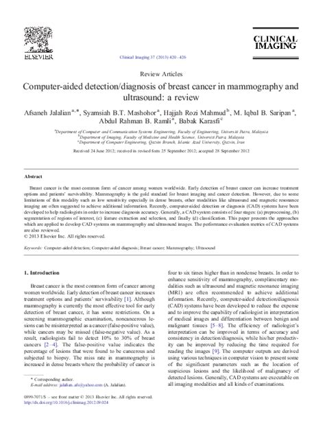 pdf computer aided detection diagnosis of breast cancer in