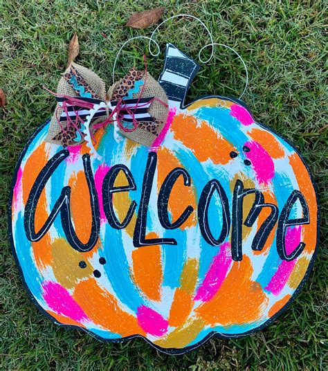 Pumpkin Door Hanger Wood Pumpkin Door Hanger Welcome Door Etsy