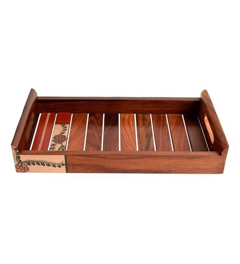 Buy Floral Motif Brown Sheesham Wood Serving Tray Online Serving Trays Serving Trays