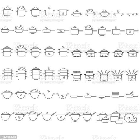 윤곽 스타일으로 설정 된 선형 아이콘을 요리하기위한 주방 용품 다양한 유형의 팬 및 요리 및 난방용 용기 압력솥에 대한 스톡 벡터 아트 및 기타 이미지 Istock