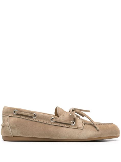Miu Miu Logo Embossed Suede Loafers In Brown Lyst
