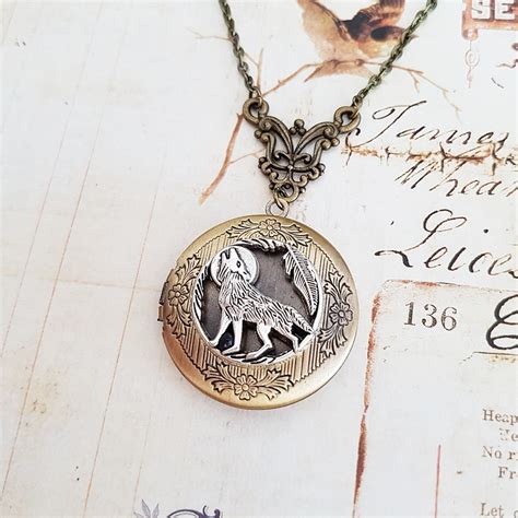 Wolf And Moon Locket Necklace Mismatched Silver And Bronze Photo