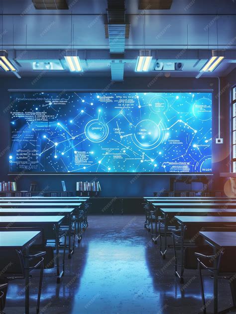 Modern Classroom With Futuristic Data Visualization On Screen A Modern Classroom With Empty D
