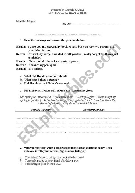 Making And Responding To Apologies Esl Worksheet By Rachidramzy