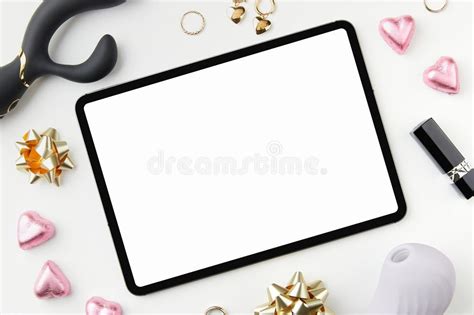 Top View Of Digital Tablet With Blank Screen Sex Toys Female