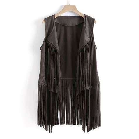 Jsaierl Fringe Vest For Women Drop Front Sleeveless Tassel Jacket Faux