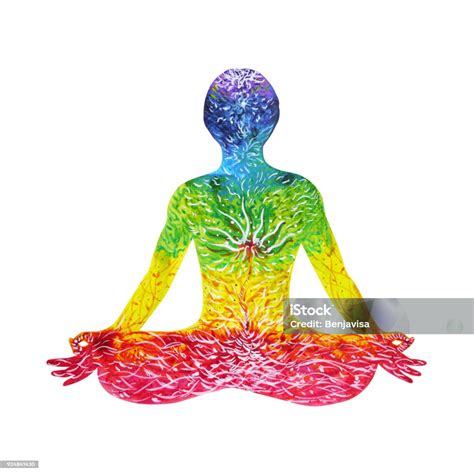 로터스 포즈 요가 Mudra 손으로 수채화 그림 추상화 오 라 파워 레인 보우 차크라 기호 영성에 대한 스톡 벡터 아트 및 기타