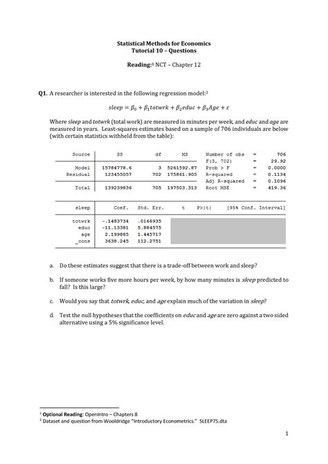 tutorial 10 questions statistical methods for economics tutorial 10