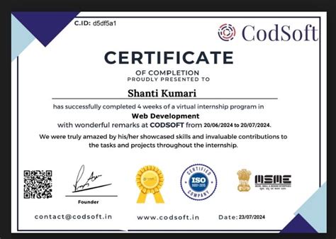 Codsoft Internship Intern Codsoft Certificate Shanti Kumari