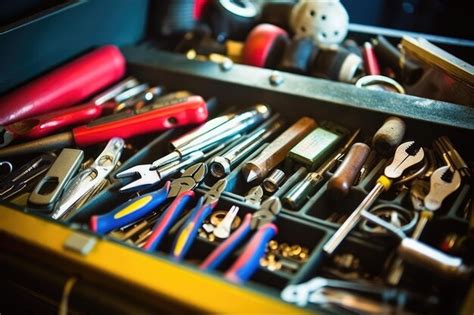 Premium AI Image Close Up View Of A Toolbox At A Mechanic S Shop Focusing On The Tools Inside