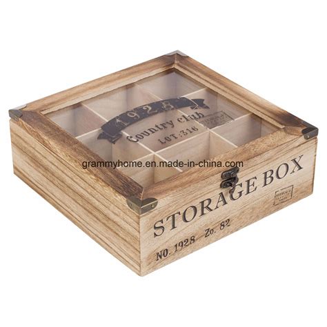 Multi Storage Section Compartments Wooden Tea Box With Glass Lid