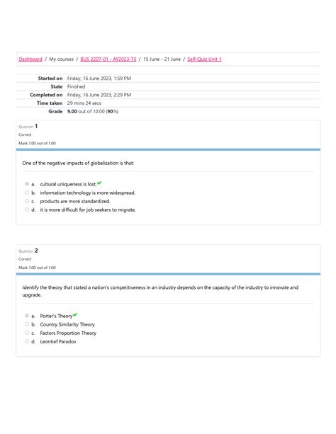 Self Quiz Unit 1 NUS2207 Multinational Management Started On Friday