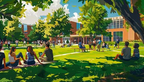 University Campus Scene With Students Gathered In Small Groups Engaging